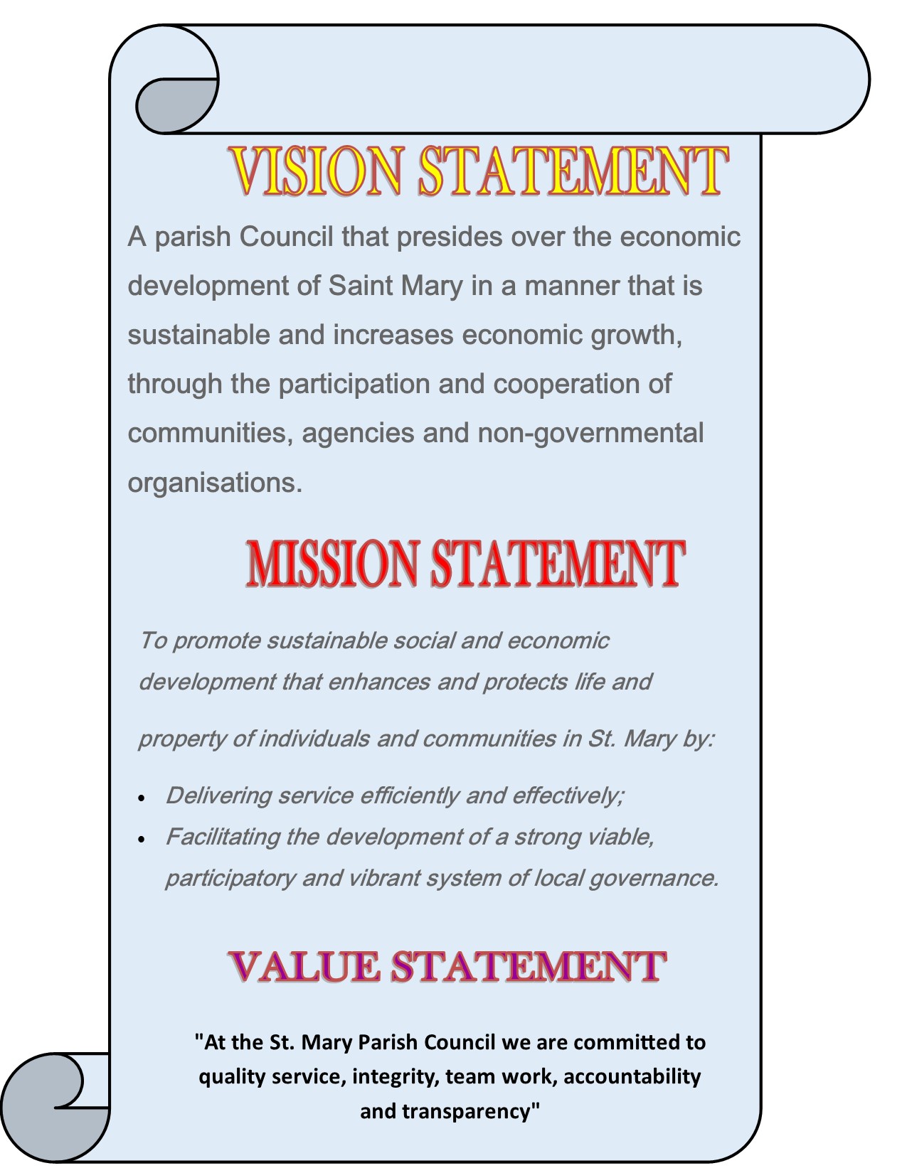 Vision, Mission and Value Statements | St. Ann Municipal Corporation